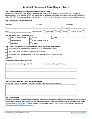 Fillable Online Academic Resources Tutor Request Form Fax Email Print ...