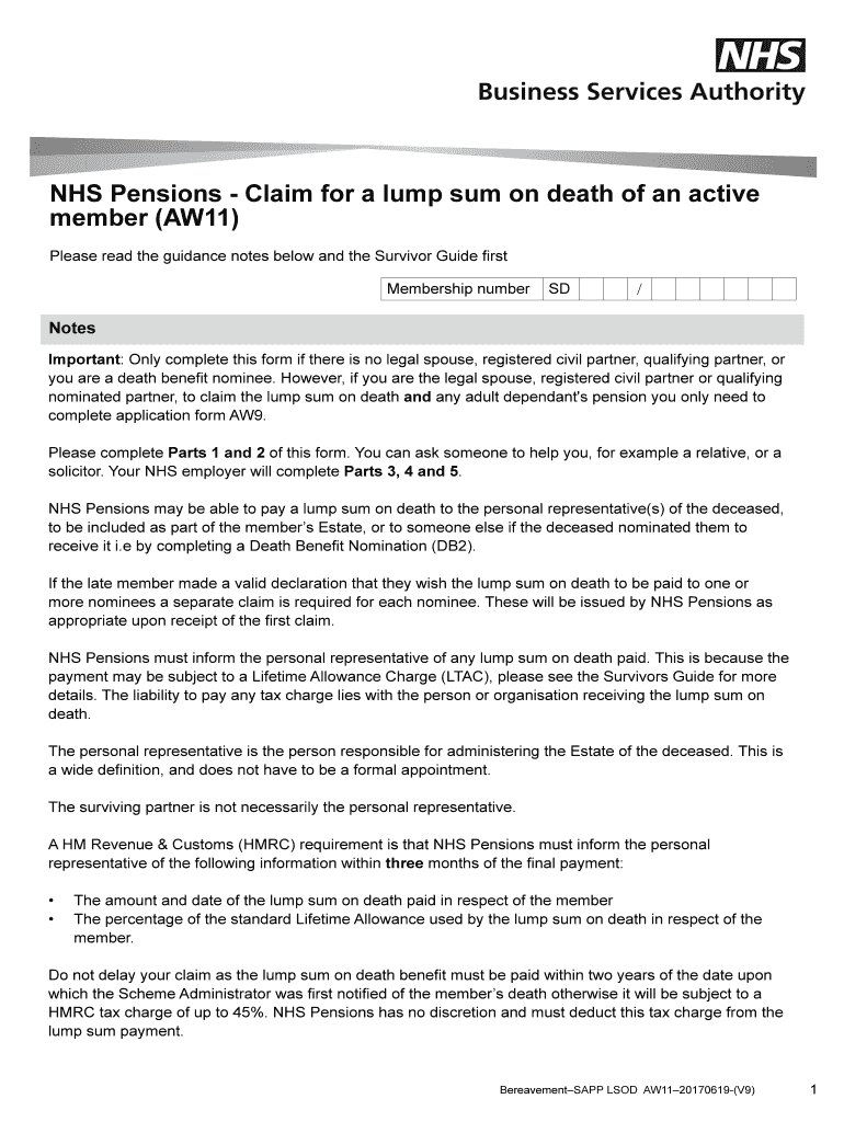 Fillable Online NHS Pensions - Claim for a lump sum on death of an ...