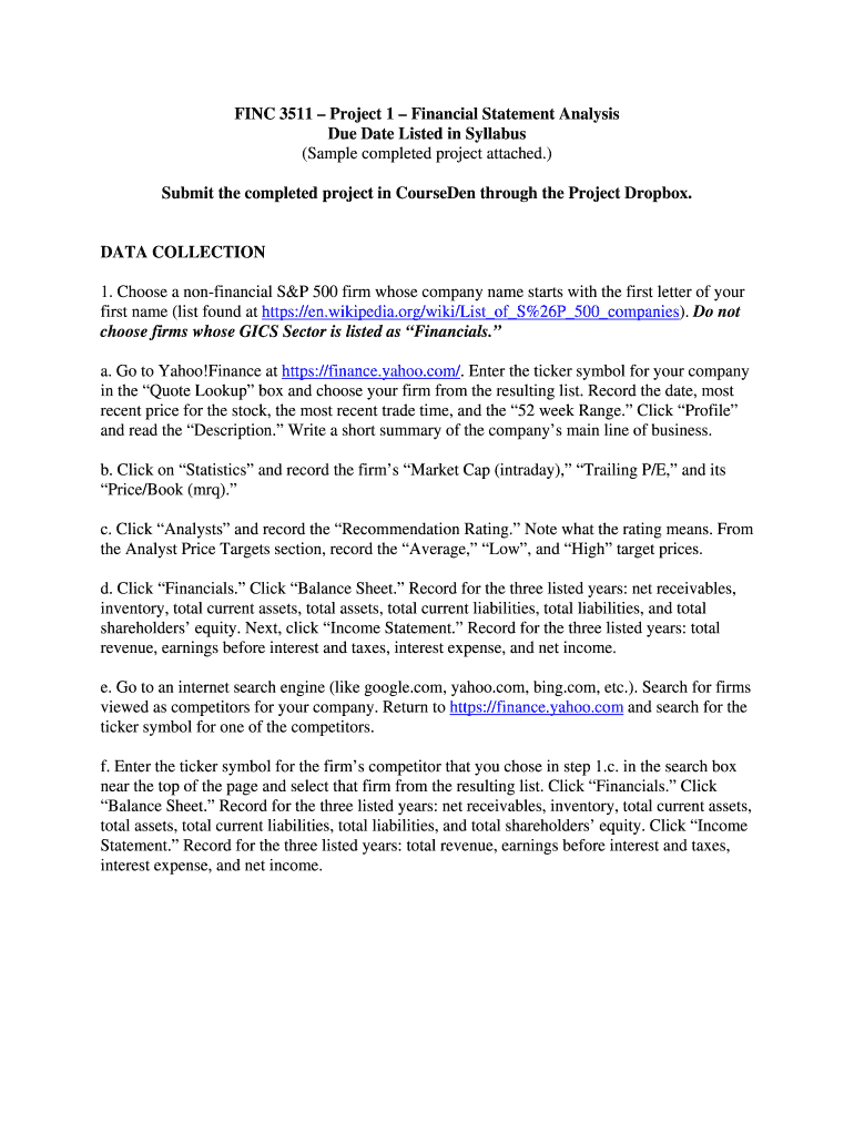 Fillable Online FINC 3511 Project 1 Financial Statement Analysis Fax Email Print - pdfFiller