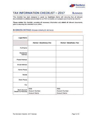 Fillable Online TAX INFORMATION CHECKLIST 2017 Fax Email Print - pdfFiller