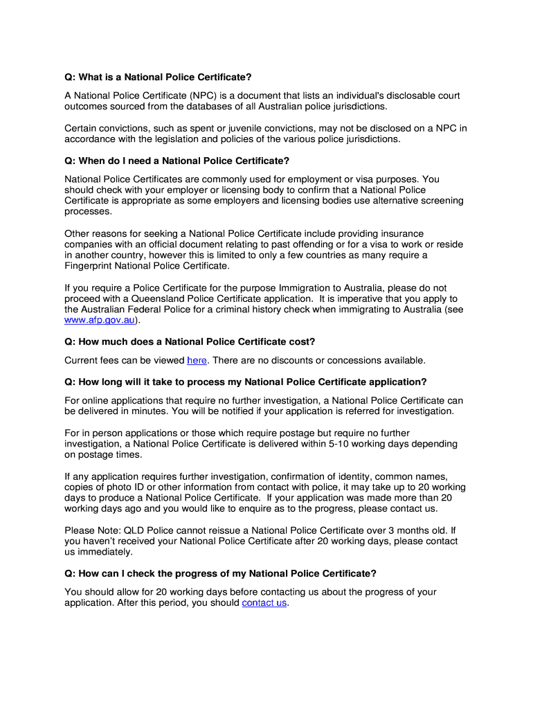 Fillable Online Q: What is a National Police Certificate Fax Email ...