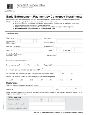 Fillable Online Early Enforcement Payment by Centrepay Instalments Fax ...