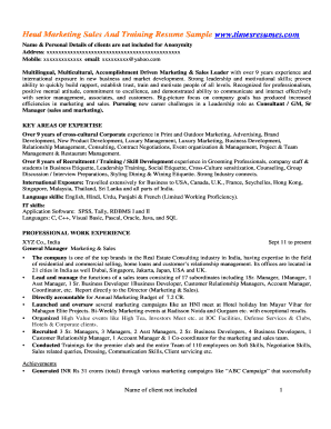 Fillable Online Head Marketing Sales And Training Resume Sample www Fax ...
