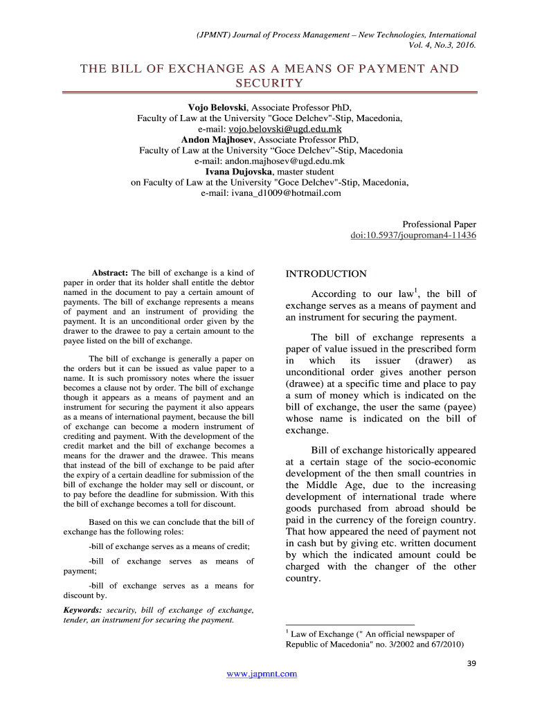 Fillable Online THE BILL OF EXCHANGE AS A MEANS OF PAYMENT AND Fax ...