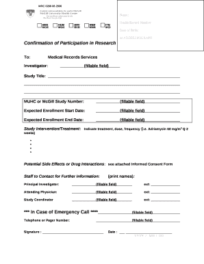 Confirmation of Participation in Research Doc Template | pdfFiller