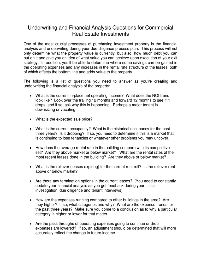Fillable Online Underwriting and Financial Analysis Questions for ...