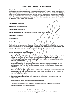 Fillable Online SAMPLE HEAD TELLER JOB DESCRIPTION Fax Email Print ...