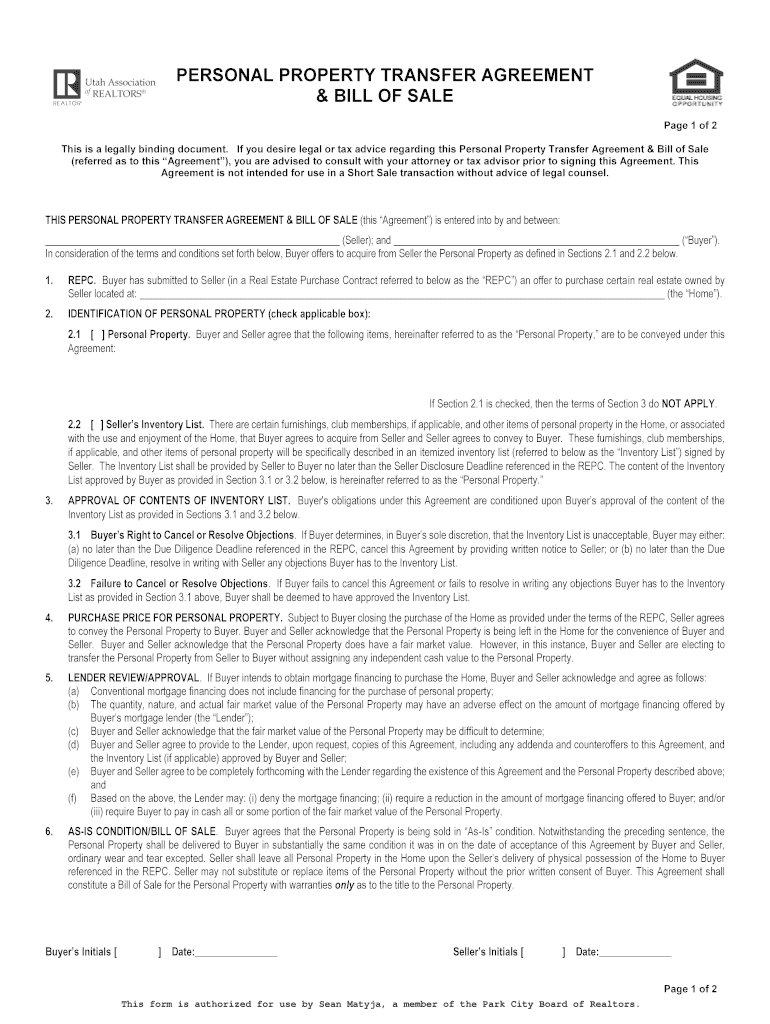 Fillable Online PERSONAL PROPERTY TRANSFER AGREEMENT Fax Email Print ...