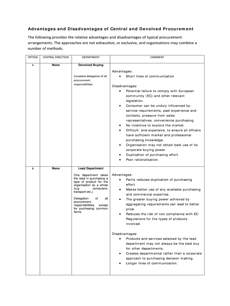 Fillable Online Advantages and Disadvantages of Central and Devolved Procurement Fax Email Print ...
