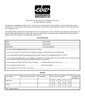 Fillable Online WAREHOUSE JOB APPLICANT INFORMATION SHEET Fax Email Print - pdfFiller