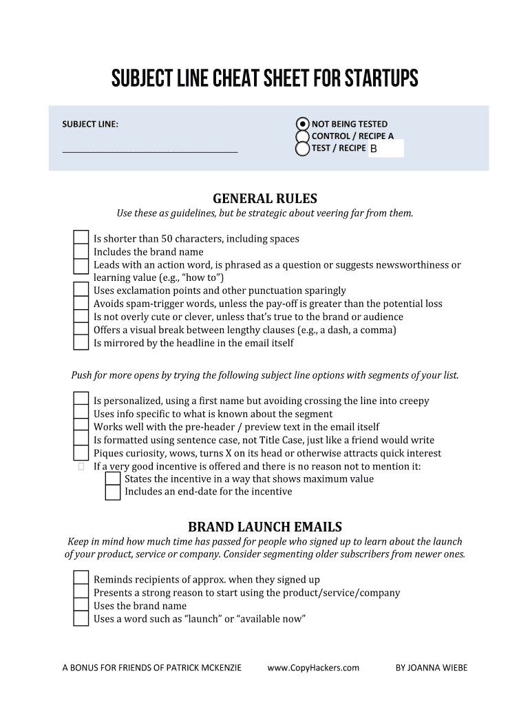 Fillable Online SUBJECT LINE CHEAT SHEET FOR STARTUPS Fax Email Print ...