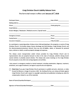 Fillable Online Craig Christian Church Liability Release Form Fax Email ...