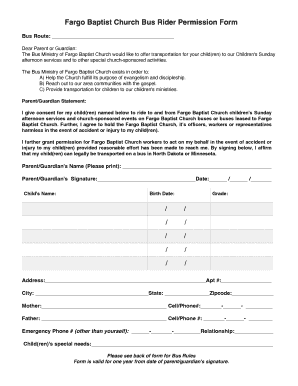 Fillable Online Fargo Baptist Church Bus Rider Permission Form Fax ...