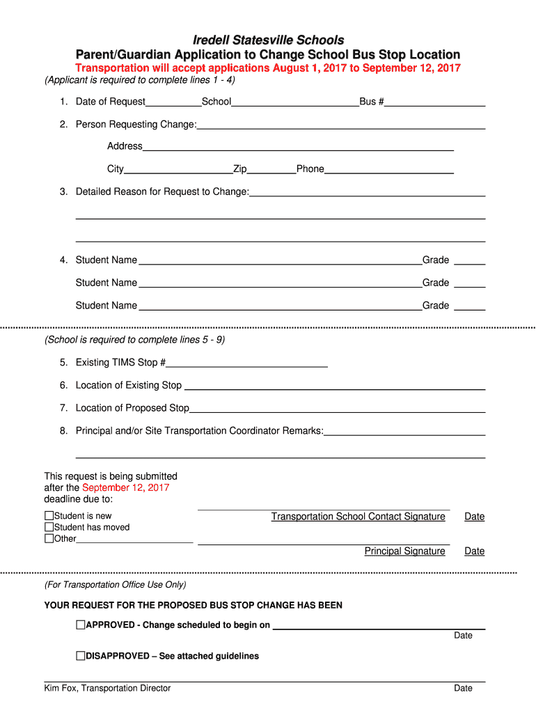Fillable Online Parent/Guardian Application to Change School Bus Stop ...