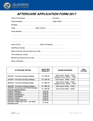 Fillable Online AFTERCARE APPLICATION FORM 2017 Fax Email Print - pdfFiller