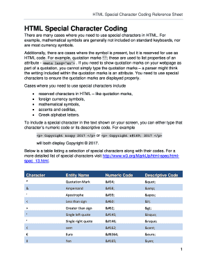 Fillable Online HTML Special Character Coding Reference Sheet Fax Email ...