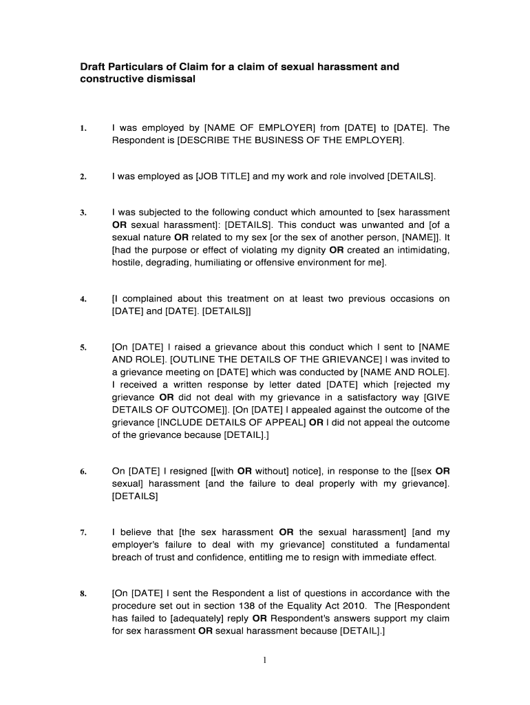 Particulars of Claim for Sexual Harassment and Constructive Dismissal ...