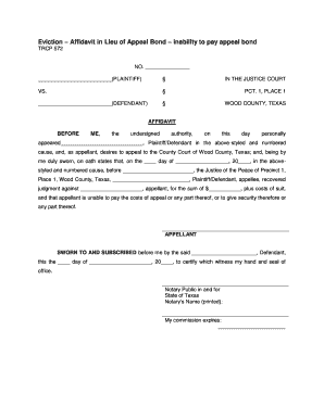Fillable Online Eviction Affidavit in Lieu of Appeal Bond inability to ...