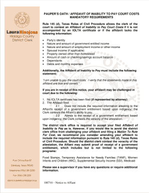 Fillable Online PAUPERS OATH / AFFIDAVIT OF INABILITY TO PAY COURT ...