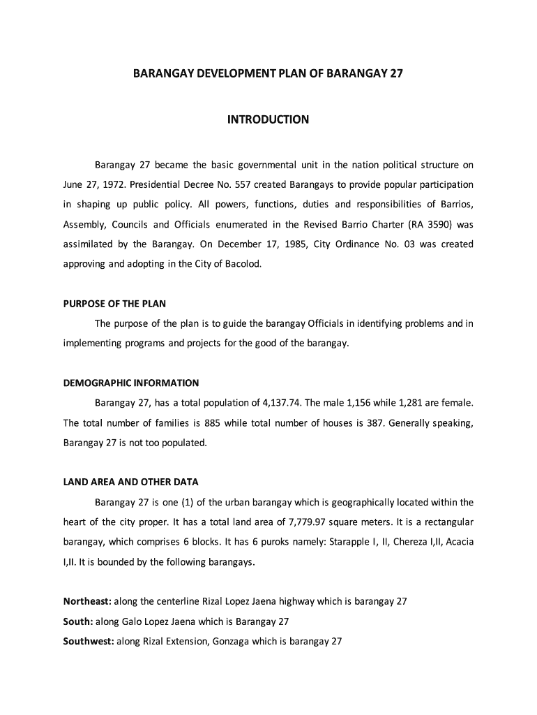 Fillable Online BARANGAY DEVELOPMENT PLAN OF BARANGAY 27 Fax Email ...