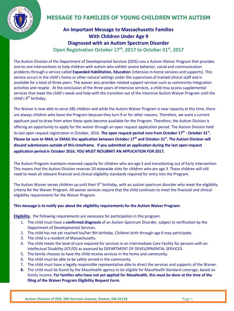 Fillable Online MESSAGE TO FAMILIES OF YOUNG CHILDREN WITH AUTISM Fax ...