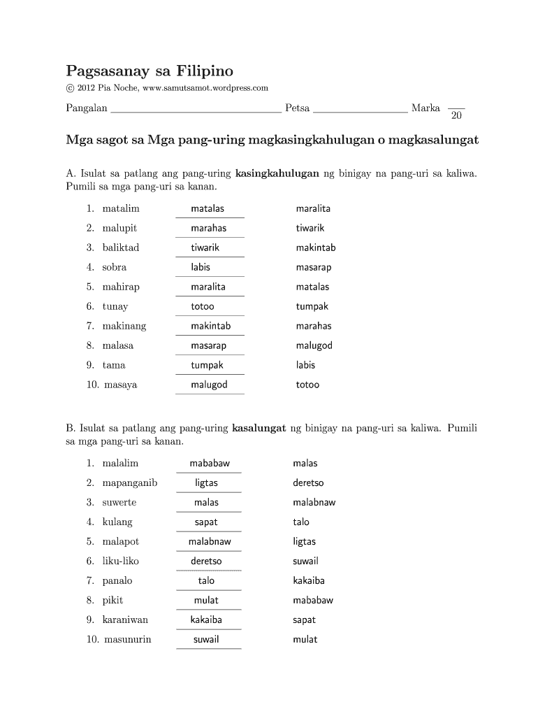 Kasingkahulugan - Fill Online, Printable, Fillable, Blank | pdfFiller