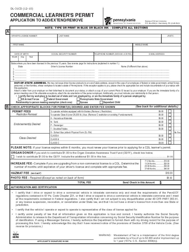 Fillable Online PennDOT - Commercial Learner's Permit Application To Add/Extend/Remove Fax Email ...