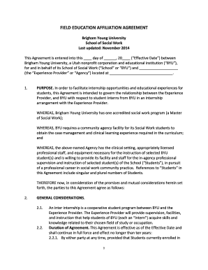 Fillable Online socialwork byu FIELD EDUCATION AFFILIATION AGREEMENT ...
