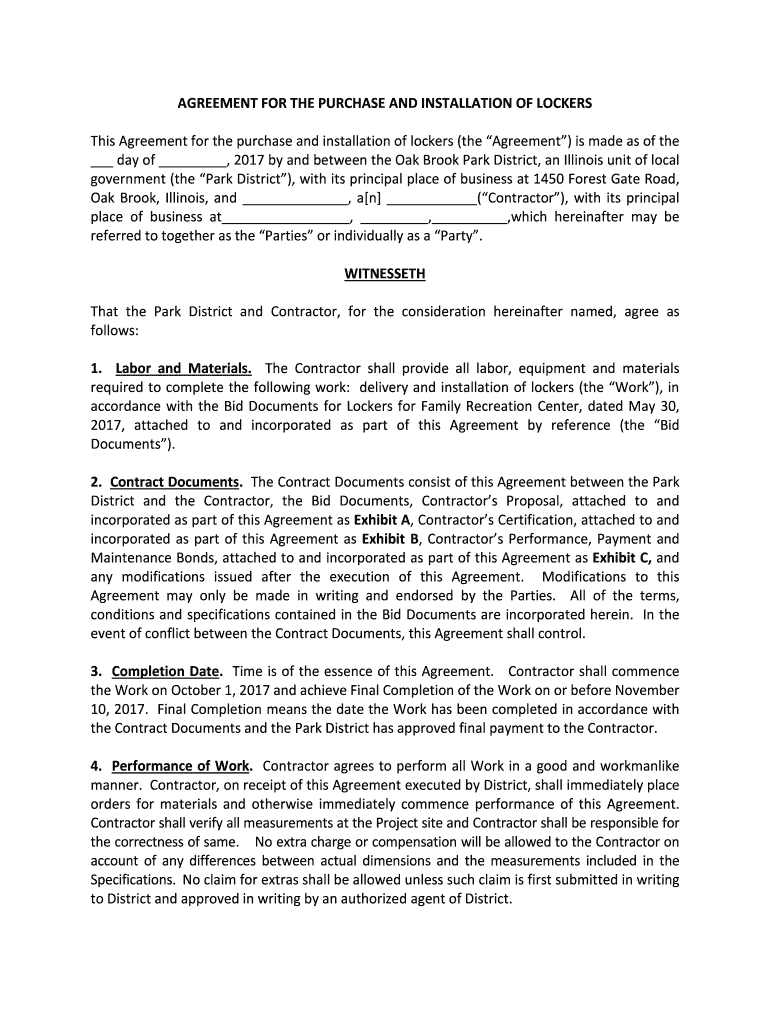 Fillable Online AGREEMENT FOR THE PURCHASE AND INSTALLATION OF LOCKERS ...
