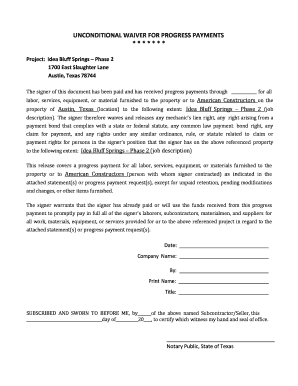 Fillable Online UNCONDITIONAL WAIVER FOR PROGRESS PAYMENTS Fax Email ...