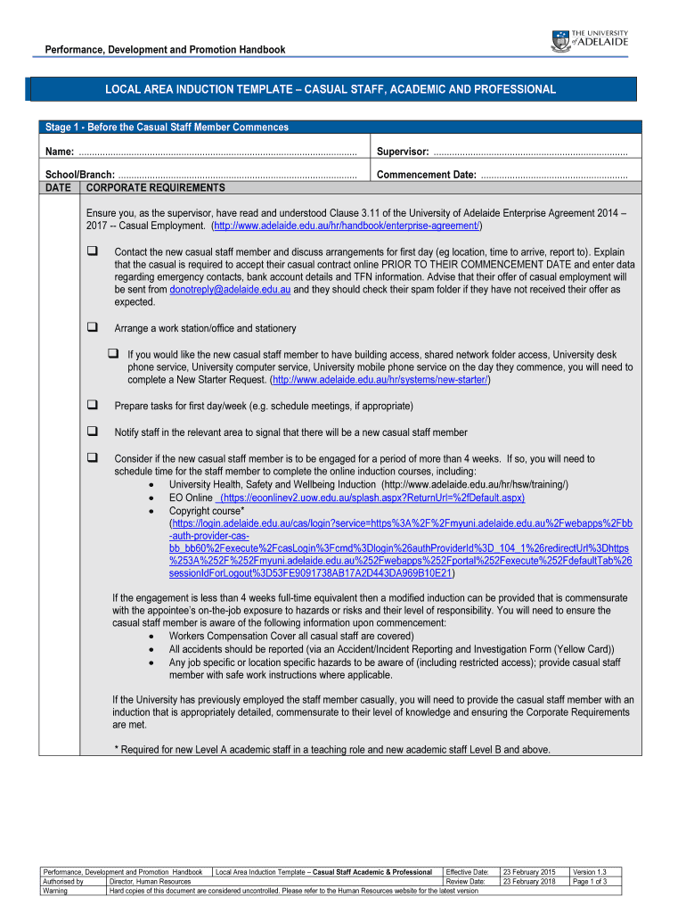 Fillable Online LOCAL AREA INDUCTION TEMPLATE CASUAL STAFF, ACADEMIC ...