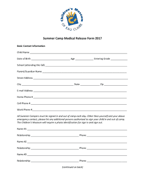 Fillable Online Summer Camp Medical Release Form 2017 Fax Email Print ...