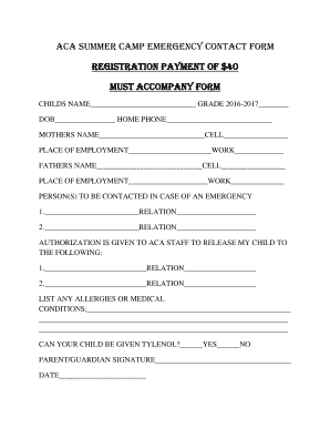 Fillable Online ACA Summer Camp Emergency CONTACT FORM Fax Email Print ...