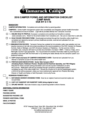 Fillable Online 2016 CAMPER FORMS AND INFORMATION CHECKLIST Fax Email ...