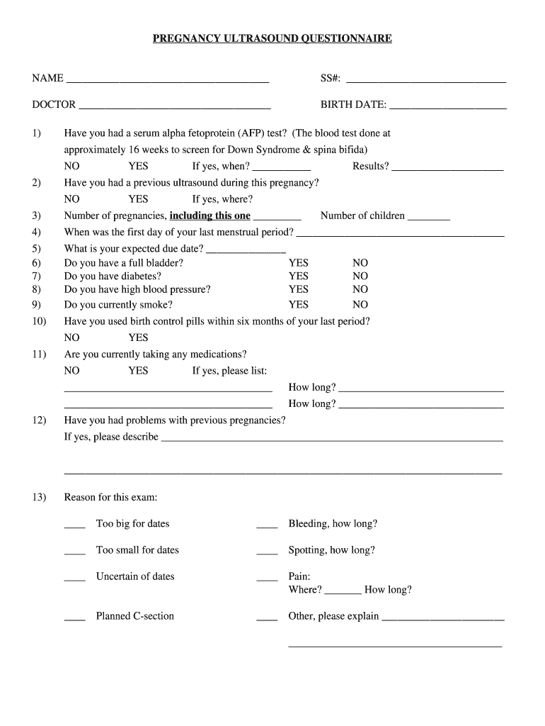 Fillable Online PREGNANCY ULTRASOUND QUESTIONNAIRE Fax Email Print ...