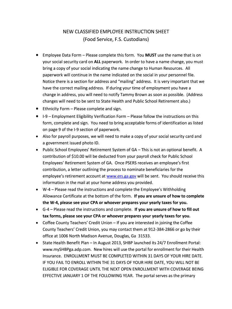 Fillable Online NEW CLASSIFIED EMPLOYEE INSTRUCTION SHEET Fax Email ...