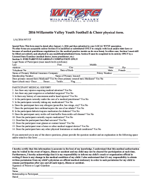 Fillable Online 2016 Willamette Valley Youth Football & Cheer physical ...