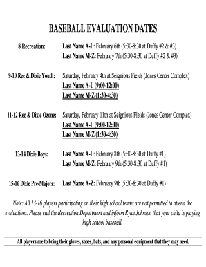 Fillable Online BASEBALL EVALUATION DATES Fax Email Print - pdfFiller