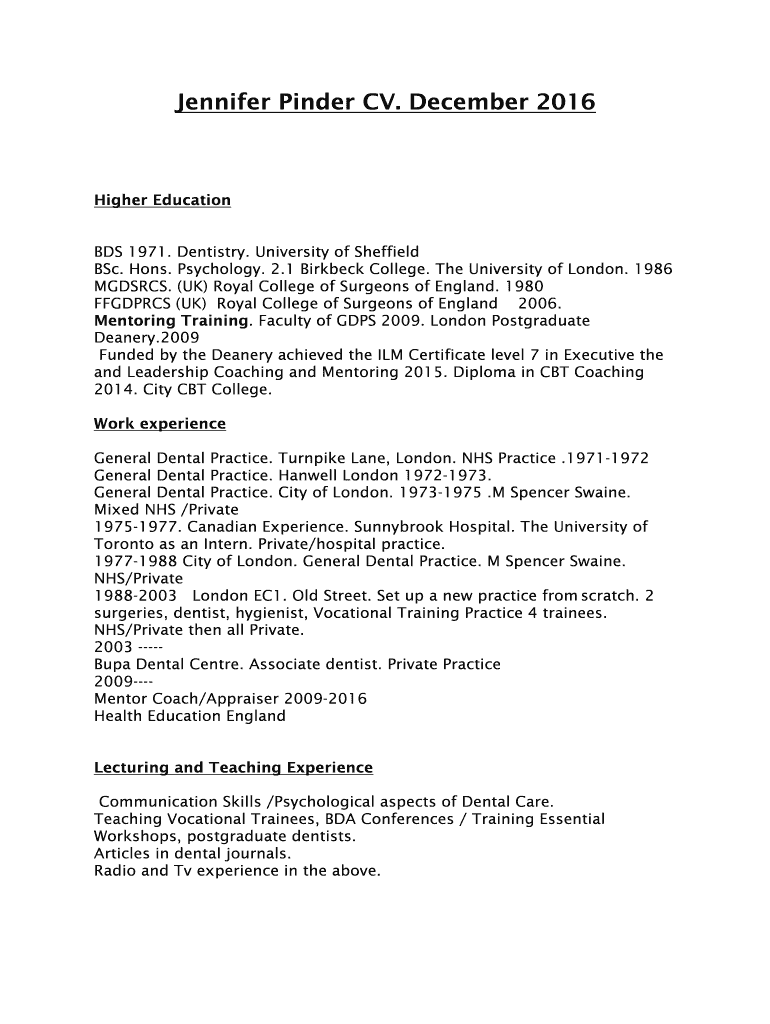 Fillable Online Jennifer Pinder CV Fax Email Print - pdfFiller