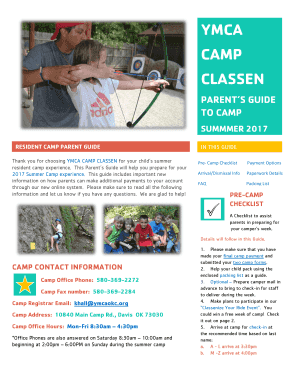 Fillable Online Thank you for choosing YMCA CAMP CLASSEN for your ...