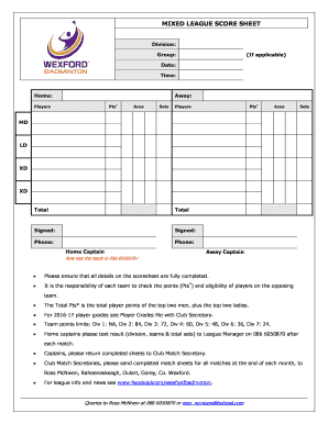 Fillable Online MIXED LEAGUE SCORE SHEET Fax Email Print - pdfFiller