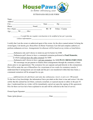 Fillable Online EUTHANASIA RELEASE FORM Fax Email Print - pdfFiller