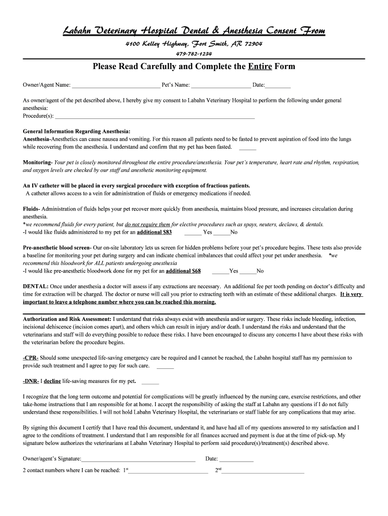 Fillable Online Labahn Veterinary Hospital Dental & Anesthesia Consent ...