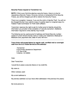 Fillable Online Security Freeze request to TransUnion Inc Fax Email Print - pdfFiller