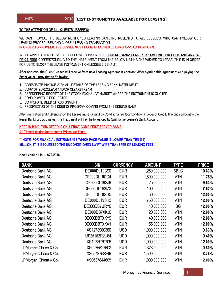 Fillable Online 2016 LIST INSTRUMENTS AVAILABLE FOR LEASING Fax Email Print - pdfFiller