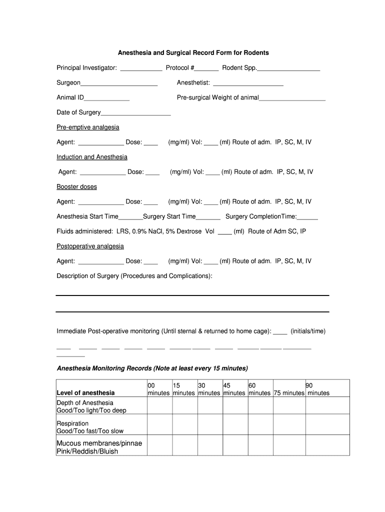 Fillable Online Anesthesia and Surgical Record Form for Rodents Fax ...