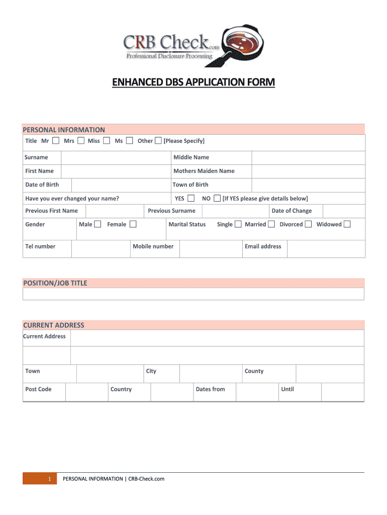 Fillable Online Enhanced Dbs Application Form Fax Email Print Pdffiller