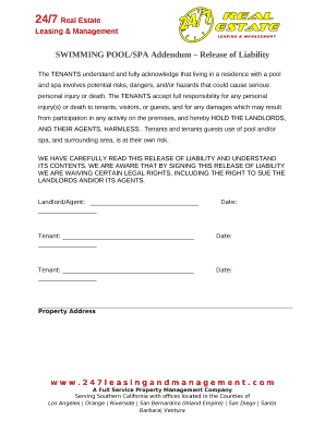 SWIMMING POOL/SPA Addendum Release of Liability Doc Template | pdfFiller