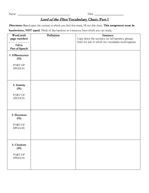 Fillable Online Lord of the Flies Vocabulary Chart: Part 1 Fax Email ...