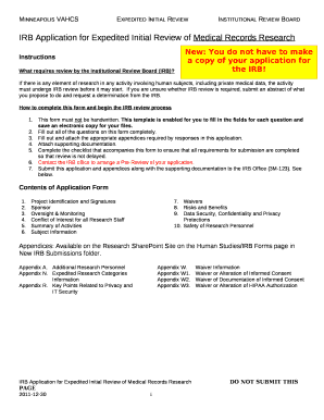 IRB Application for Expedited Initial Review of Medical Records Research Doc Template | pdfFiller